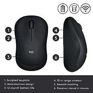 Logitech M185 Wireless Mouse, 2.4GHz with USB Mini Receiver, 12-Month Battery Life, 1000 DPI Optical Tracking, Ambidextrous, Compatible with PC, Mac, Laptop - Black