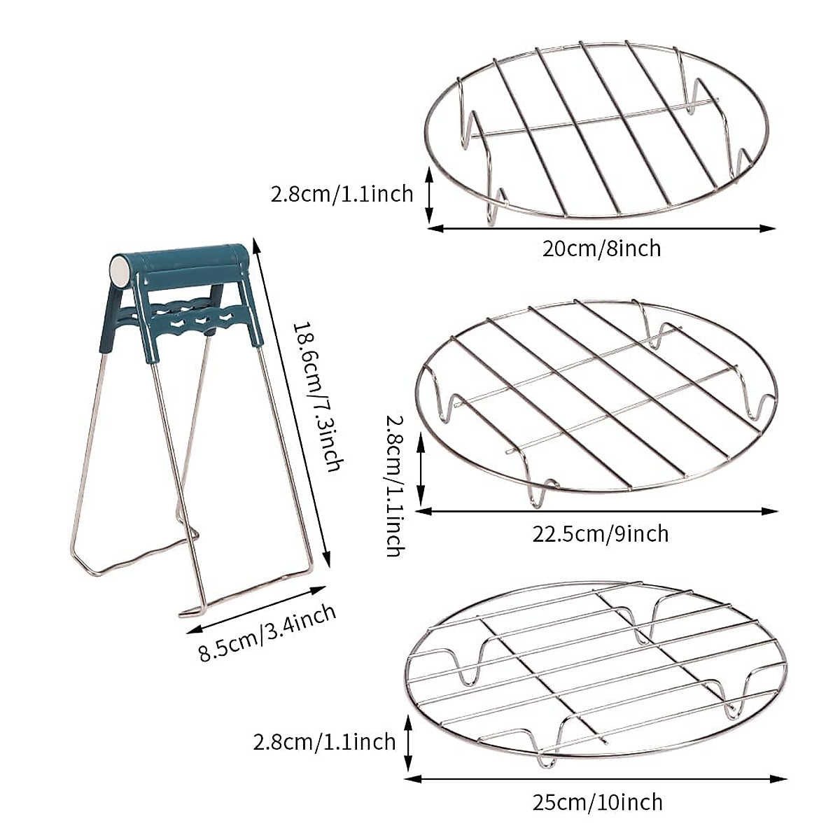 Round Cooling Rack - 3 Pack Steamer Racks Set - Stainless Steel Circle Roasting Rack, 3 Pcs (8" & 9" & 10") Steaming Cake Pot Rack with Hot Dish Plate Clip for Baking Cooking Grilling Wire Rack
