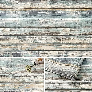 Arthome Blue Rustic Wood Paper 17''x120'' Self-Adhesive Removable Peel and Stick Wallpaper Vinyl Decorative Wood Plank Film Vintage Wall Covering for Furniture Easy to Clean Wooden Grain Paper
