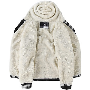 SCODI Men's Flannel Shirt Jacket Fleece Sherpa Lined Plaid Jackets Coat Full Zip Up Hoodie Winter Outwear Black White Large