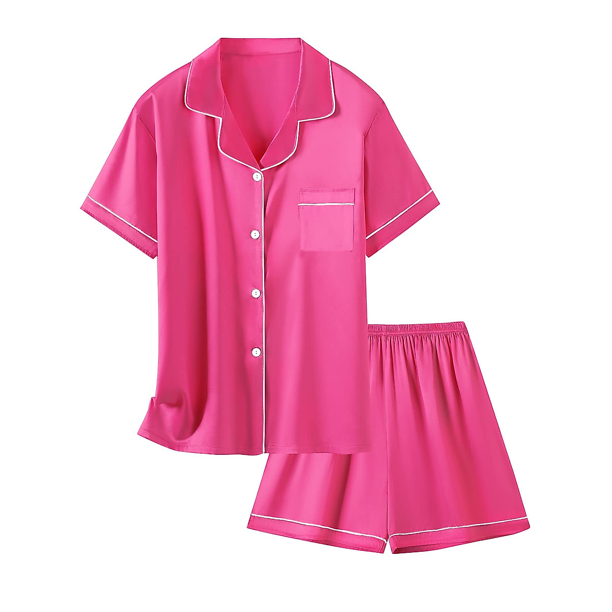 Schbbbta Satin Pajamas for Womens, 2 Pcs Sleepwear Short Sleeve Silk Satin Pajama Outfit for Girls, Hot Pink, US L