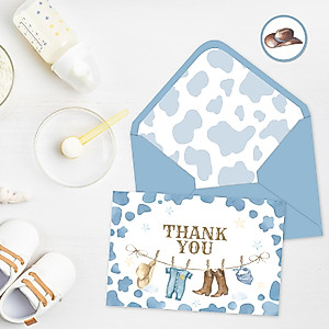 Whaline 24 Pack Cowboy Thank You Card Blue Cow Print Greeting Card with Envelope Sticker Cow Spot Blank Note Card for Baby Shower Party Invitation Supplies, 4 x 6 Inch