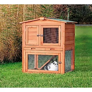 TRIXIE Natura Single Rabbit Hutch with Run, 2-Story with Ramp, Pull-Out Tray, Hinged Peaked Roof, for Rabbits or Guinea Pigs Small