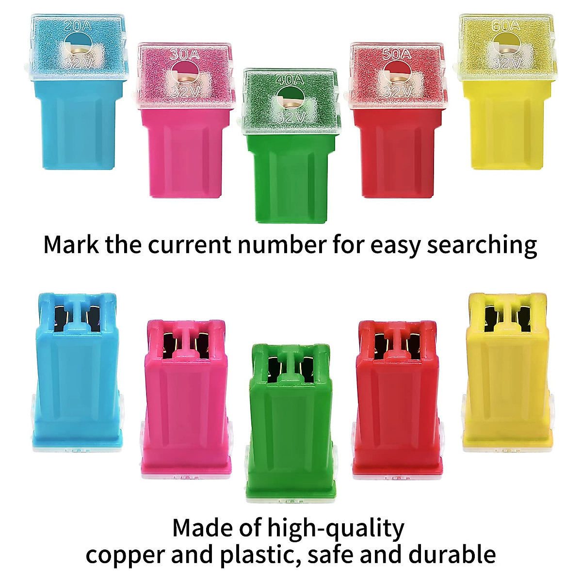 MuHize Shaped Assorted Fuses - Upgraded Tall/Standard Profile Automotive Box Shaped Fuse Kit, Fuse Female Assortment 20A 30A 40A 50A 60A (Each 6) for Ford Chevy, Cars and SUVs