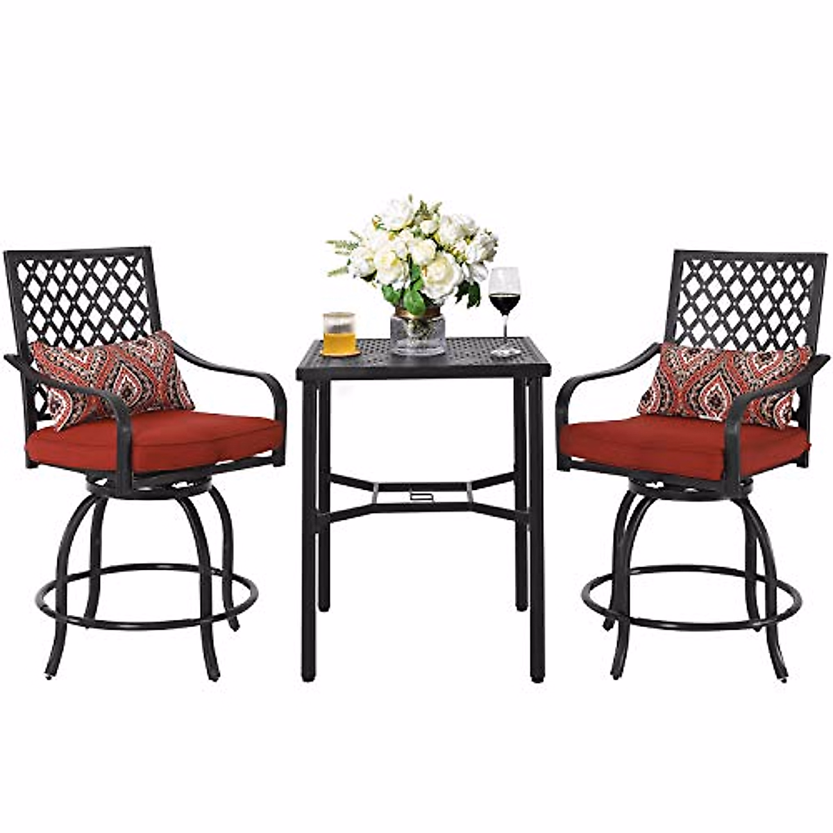 Nuu Garden 3 Piece Swivel Patio Bar Set, High Iron Outdoor Furniture Set Wide Outdoor Bar Stools, Bar Height Chairs with Seat Cushion and Armrest for Garden, Backyard, Patio and Poolside, Red