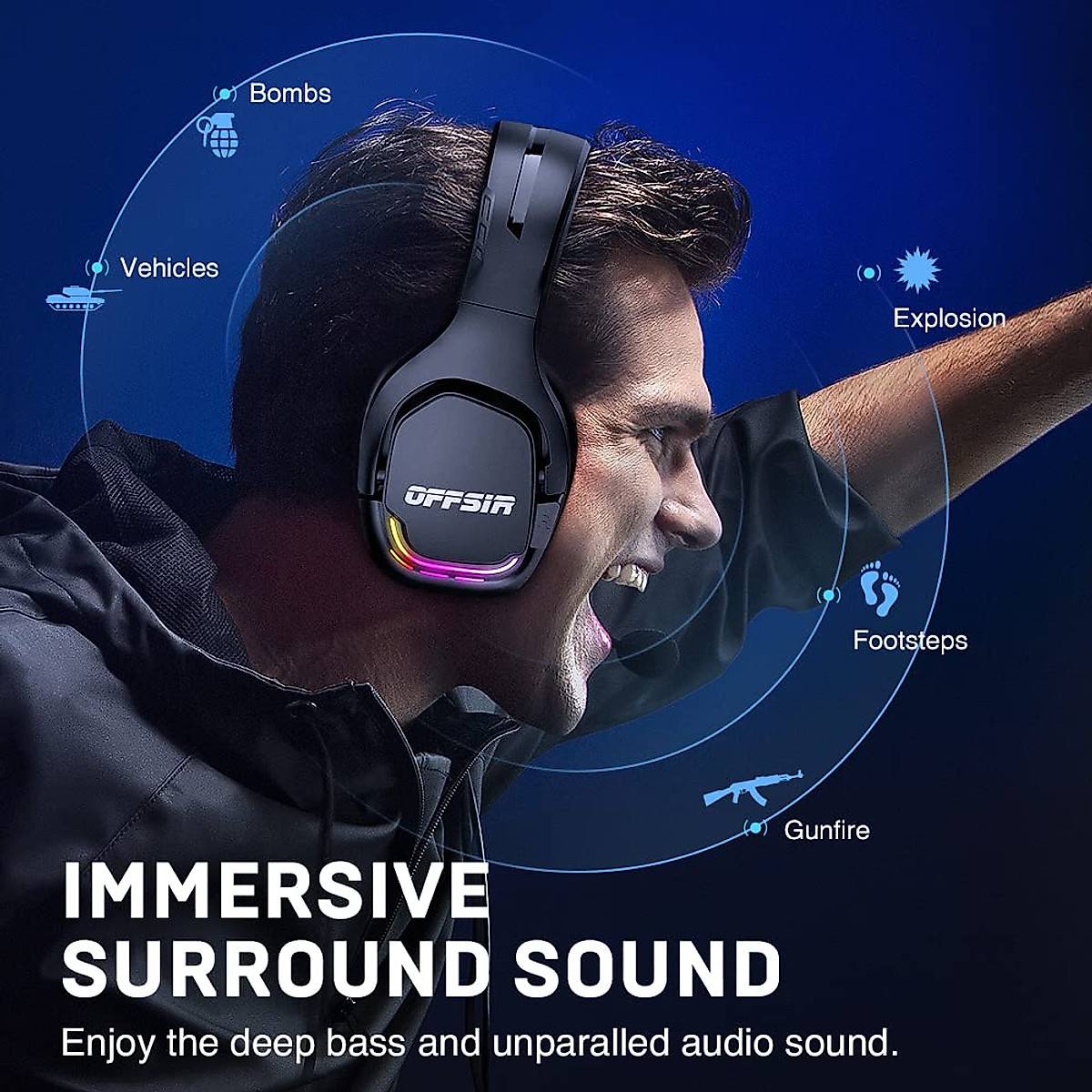 OFFSIR Wireless Gaming Headset with Noise Cancelling Microphone for PC PS5 PS4,Bluetooth Gaming Headset Surround Sound 2.4G USB Gamer Headphones with Mic RGB Lights for PlayStation Mac Computer Laptop