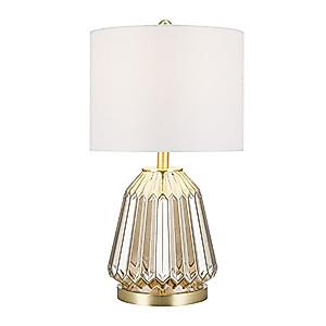 Catalina 22144-001 Transitional 3-Way Ribbed Clear Glass Table Lamp with Linen Shade, Led Bulb Included, 23.5", Champagne
