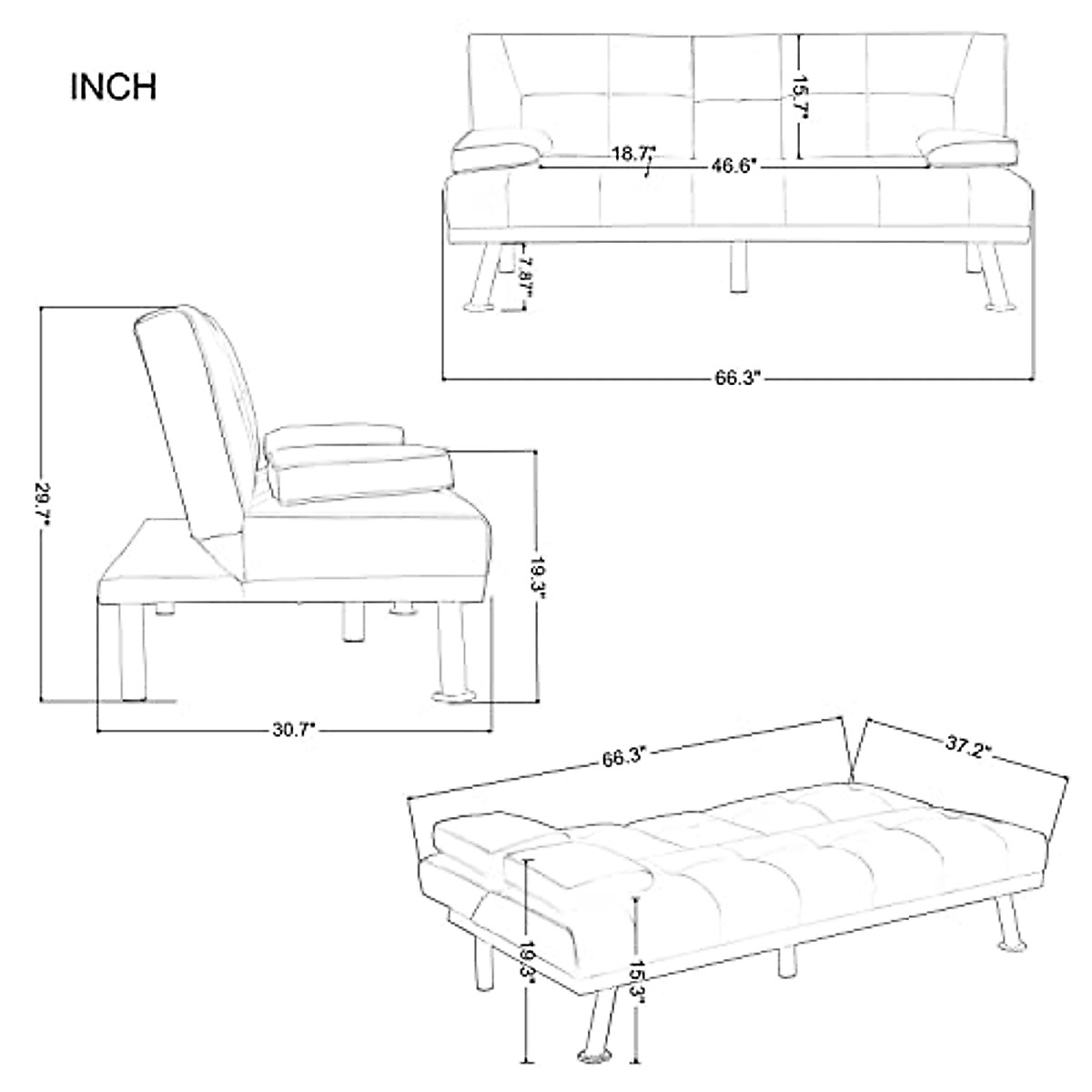 Eafurn Convertible Futon Bed, Soft Upholstered Loveseat Adjustable Sleeper, Button Tufted Sofa & Couch with Removable Pillow Top Armrests and 2 Cup Holders, Purple Polyester A