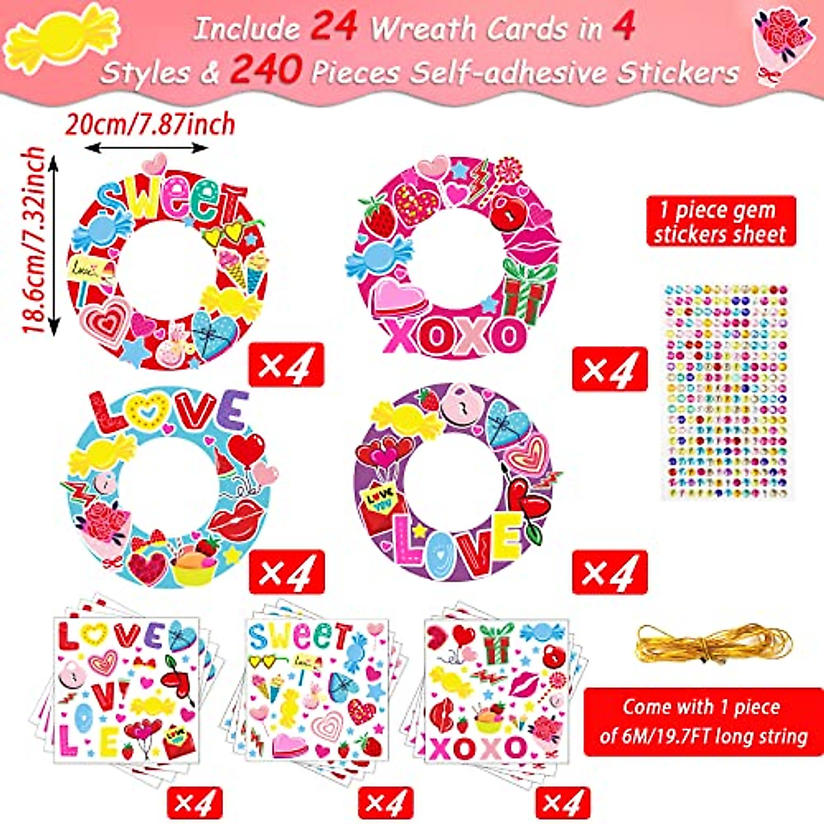 chiazllta 24 Pcs Valentine's Day Wreath Craft for Kids, Preschool DIY Valentines Paper Art Craft Kit with Hearts Stickers Bulk Classroom Home Indoor Game Activities