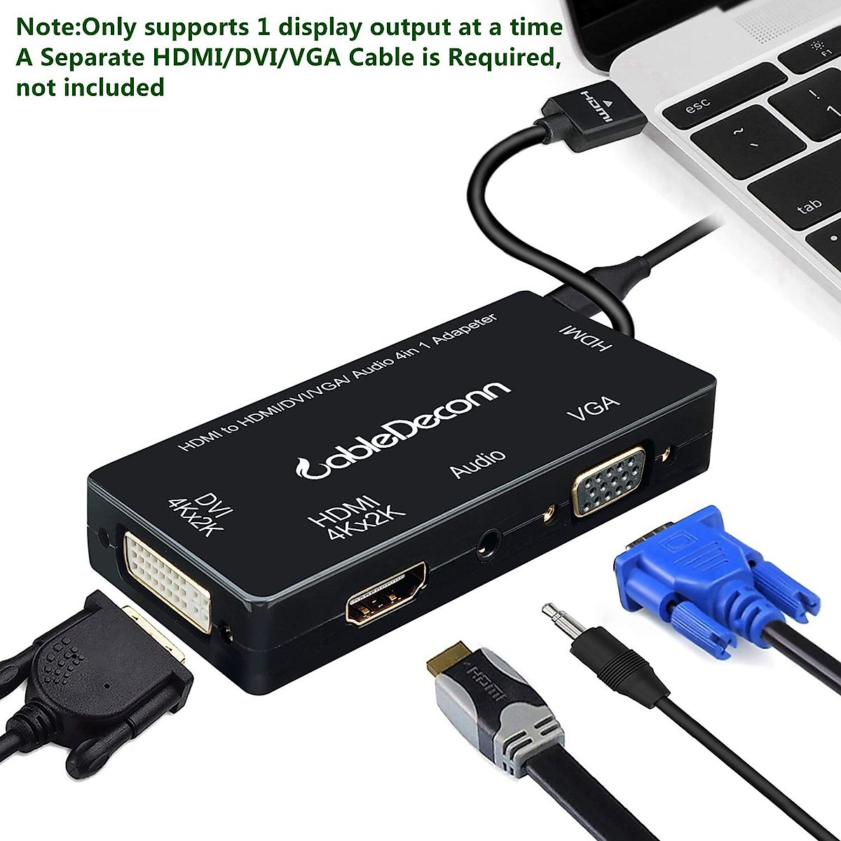 CableDeconn Multiport 4-in-1 HDMI to HDMI DVI 4K VGA Adapter Cable with Audio Output Adapter Converter (Black)