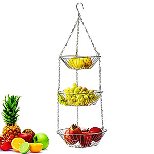 YYTONG 3 Tier Fruit Basket Hanging Heavy Duty Metal Fruit Baskets Bowl Vegetable Organizer for Kitchen, Detachable Vegetable Storage Fruit Stand Holder, Countertop Space Saver (Silver)