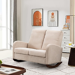 Antetek Modern Double Rocking Chair, Oversized Glider Rocker for Nursery and Kids, Loveseat Accent Armchair with High Backrest and Wide Pocket, Upholstered Lounge Chair for Living Room, Beige