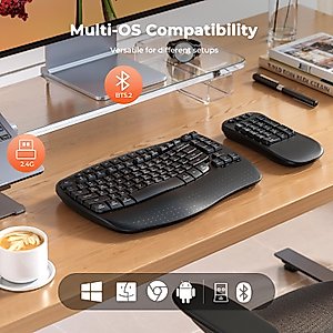 Meetion Master Wave Keys Ergonomic Wireless Keyboard, 2.4G Wireless/Bluetooth Split Keyboard with Wrist Rest, Separate Mini Numeric Keypad for Financial Accounting, for Mac/Windows/Laptop/PC/Tablet ﻿