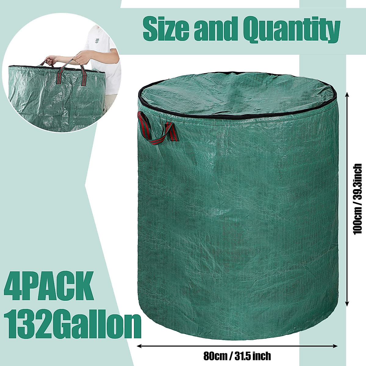 Kingdder 4 Pack 132 Gallon Reusable Yard Waste Bags with Lid, Extra Large Lawn Leaf Bags with 2 Handles & Zipper, Heavy Duty Collapsible Garden Yard Leaf Containers for Outdoor Debris Leaves