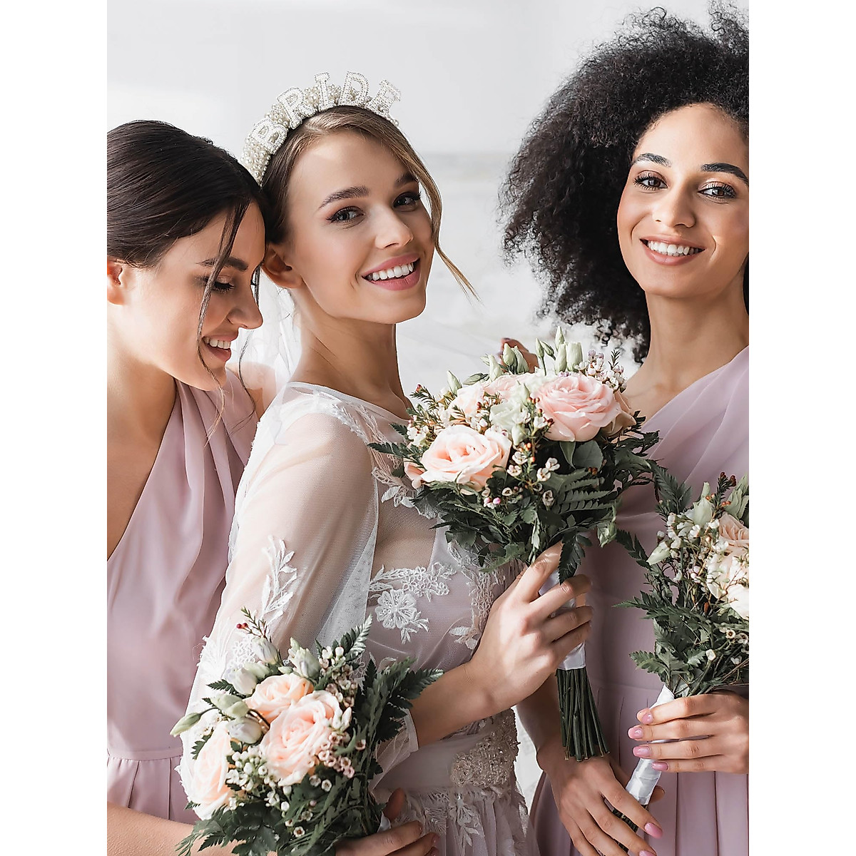 SWEETV Bride Headband with veil Bride to Be Headband Bachelorette Party Decorations Handmade Rhinestone Wedding Headband for Bridal Pearl Hair Accessories for Women Girls