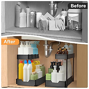 Bellzacasa Under Sink Organizers and Storage, 2 Tier Sliding L-shape Bathroom Cabinet Organizer, Multi-purpose Under Sink Organizer Shelf with 4 Hooks for Kitchen Bathroom Cabinet(Black, 1Pack)