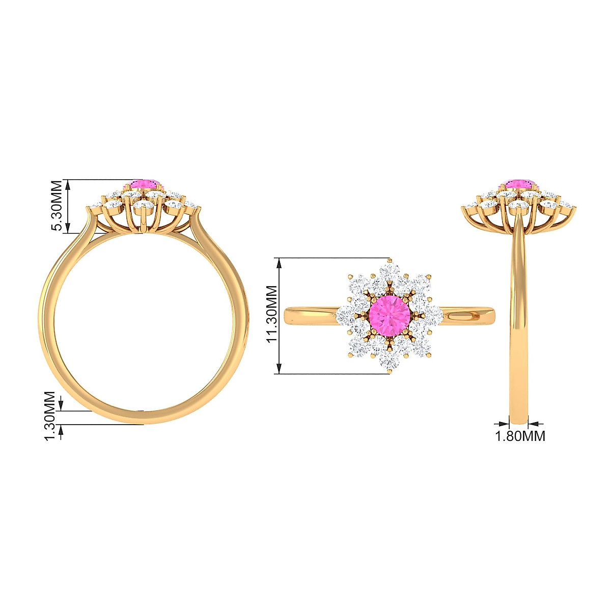 Rosec Jewels Pink Sapphire Engagement Ring with Diamond Halo, Pink Sapphire Cluster Halo Engagement Ring, 14K Yellow Gold, Size:US 5.50