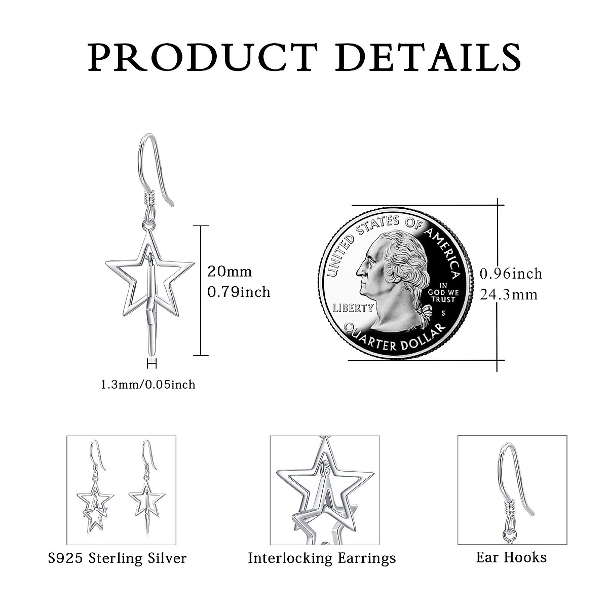 Dangle Star Earrings Sterling Silver Star Drop Earrings Interlocking Earrings Star Earrings for Women Teen
