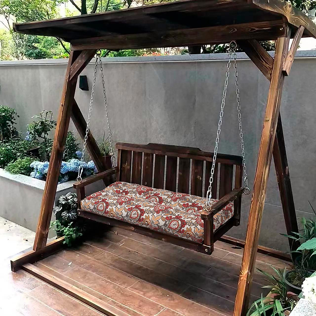 Magpie Fabrics Patio Bench Cushion 45"x18", Indoor/Outdoor Non-Slip Water Resistant Long Seat Pads, Tufted Loveseat Cushion for Swing, Settee, Window, Garden, Wicker, Front Porch (Botanical Red)