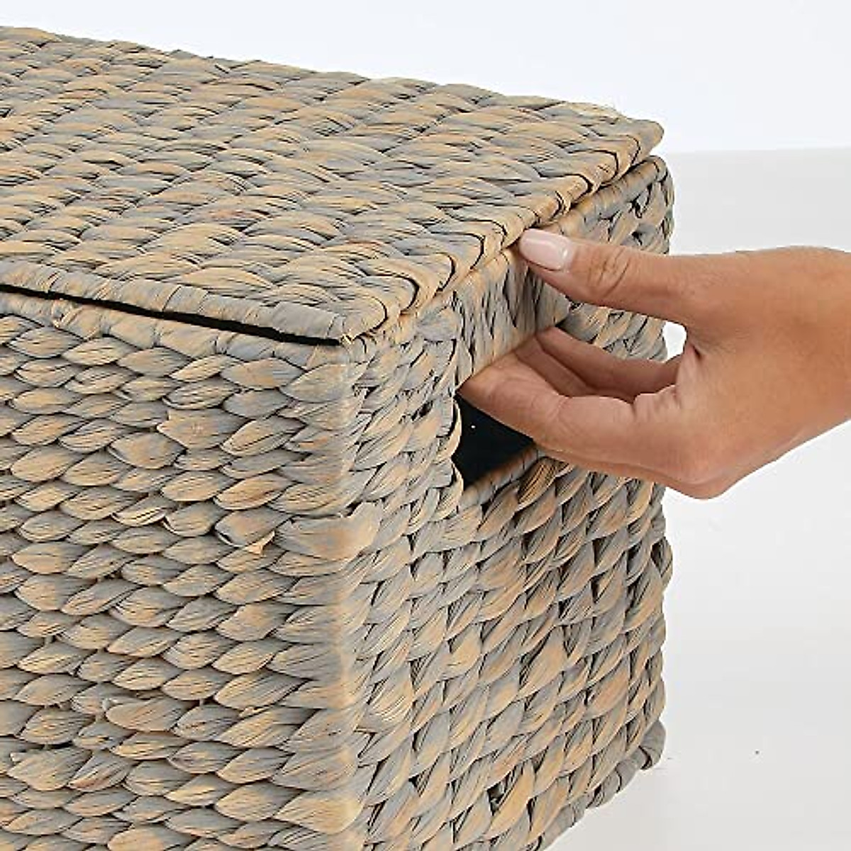 mDesign Woven Water Hyacinth Rectangle Storage Organizer Basket Bin with Topper Lid and Handles - Natural Farmhouse Holder Containers for Closet, Bedroom, Bathroom, Office - Set of 3 - Gray