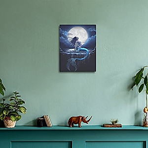 Mermaid Wall Art Moon Canvas Paintings with Framed Beach Picture Sea Artwork Prints Home Decor Hang for Bathroom Living Room Bedroom Kitchen 12x16 Inch