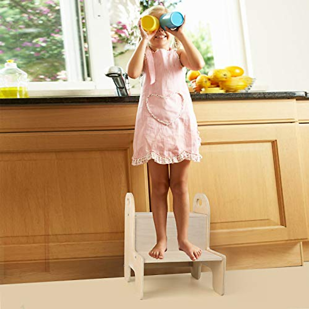 GEMEM Wooden Toddler Step Stool for Kids, Two Step Wooden Toddler Step Stool with Handles and Bonus Non-Slip Pads, Safety Children's Stool Use for Kitchen, Bathroom & Potty Training Dual Height