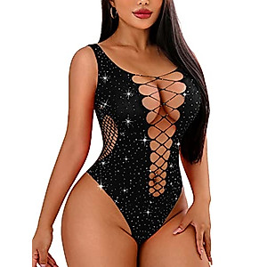 Avidlove Rhinestone Bodysuit Women Fishnet Lingerie for Women Sparkle Sexy Mesh Lingerie Teddy Lingerie Black