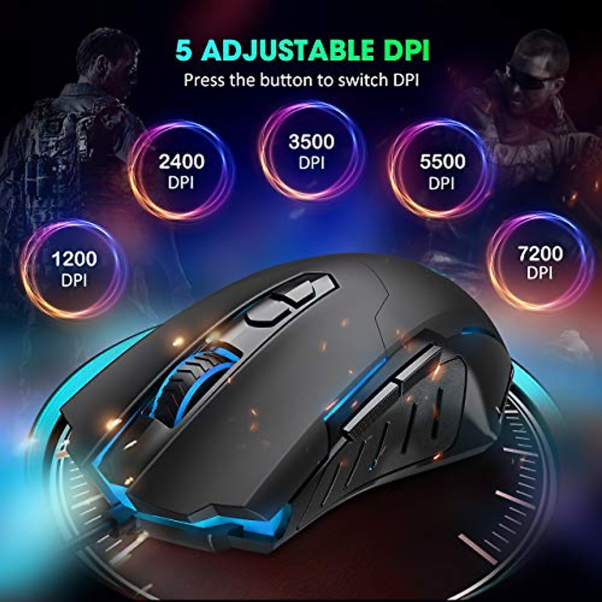WEEMSBOX Wired Gaming Mouse [Breathing RGB LED] [Plug Play] High-Precision Adjustable 7200 DPI, 7 Programmable Buttons, Ergonomic Computer USB Mice for Windows/PC/Mac/Laptop Gamer