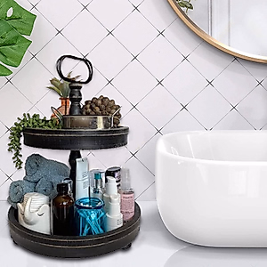 DECORIO Beautiful Tiered Tray Black Slighly Distressed, Two Tiered Wood Decorative Tray - Tiered Tray Stand - Two Tier Tray Tiered Tray Decor - 2 Tier Tray Tiered Serving Tray - Spring Decor 17"