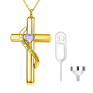SOULMEET Crystal Cross Necklace for Ashes, Gold Plated Silver I Love You Forever Birthstone June Cross Urn Necklaces for Ashes Keepsake Cremation Jewelry for Pet Human Ashes