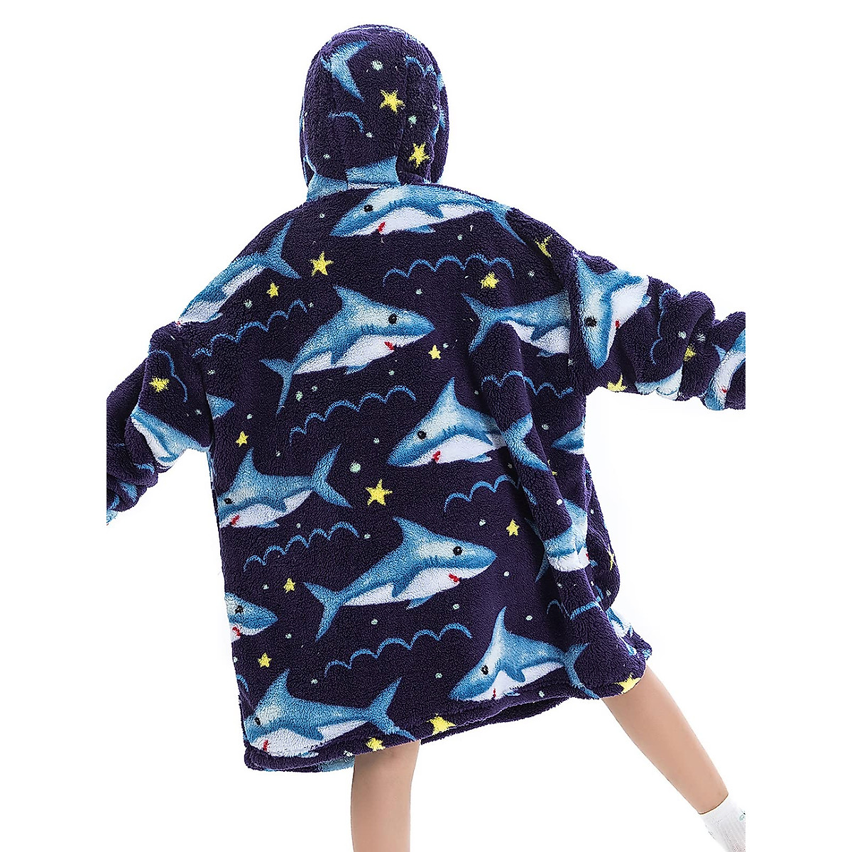 Wearable Blanket Hoodie for Kids Toddler Oversized Sweatshirt Cute Fleece Sherpa Blanket Girls Boys Shark 6-10 Year