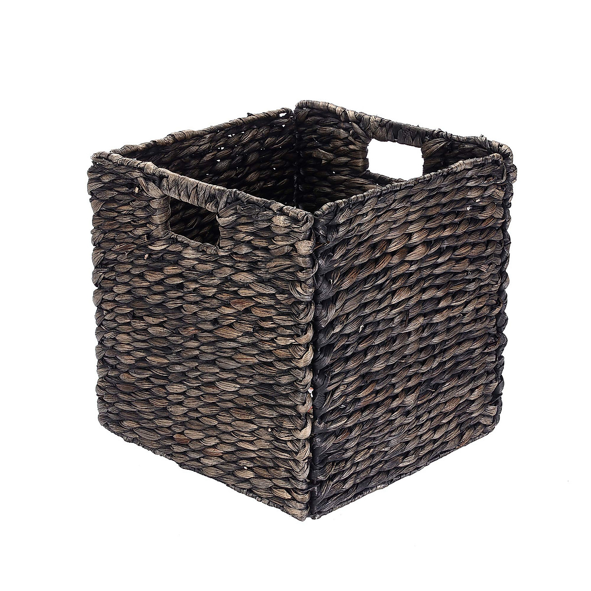 Villacera 12-Inch Square Handmade Wicker Storage Bin, Foldable Baskets made of Water Hyacinth in Black | Set of 2