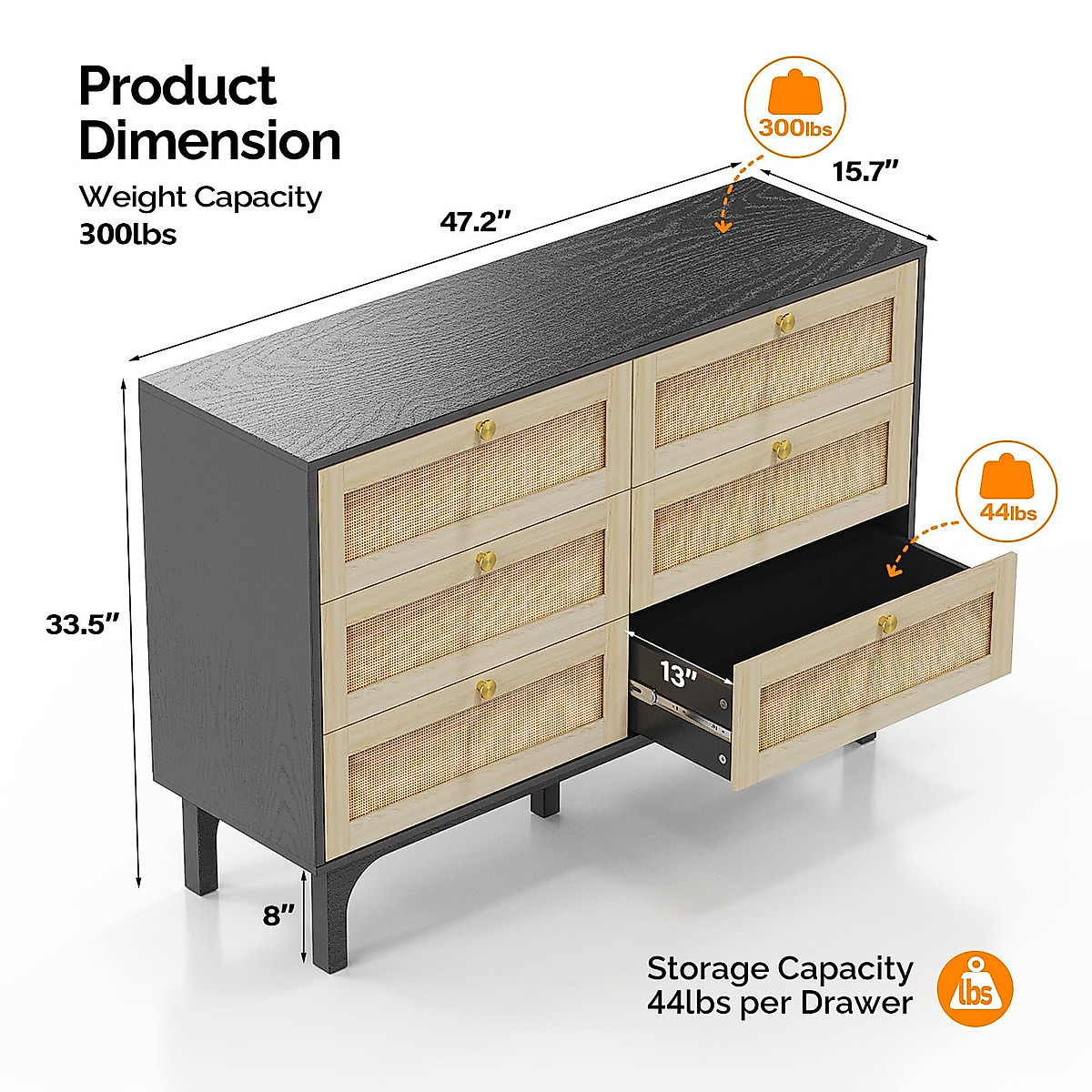 VINGLI Rattan Dresser Mid Century Modern Dresser 6 Drawers, 47.2" (W) x 15.7" (D) x 33.5" (H) Boho Bedroom Furniture Black Wicker Dresser Bohemian