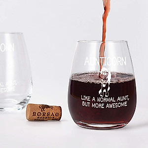 Futtumy Aunticorn Stemless Wine Glass, Aunt Gifts for Auntie Women Sister Mothers Day Christmas Birthday 15 Oz, Funny Unicorn Aunt Wine Glass Gifts from Niece Nephew