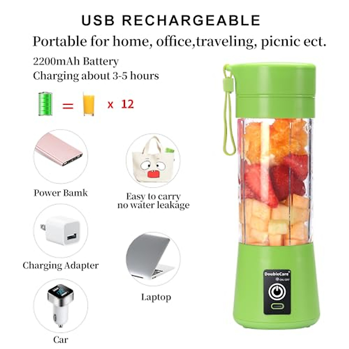 Portable Blender Cup,Electric USB Juicer Blender,Mini Blender Portable Blender For Shakes and Smoothies, Juice,380ml, Six Blades Great for Mixing,Green