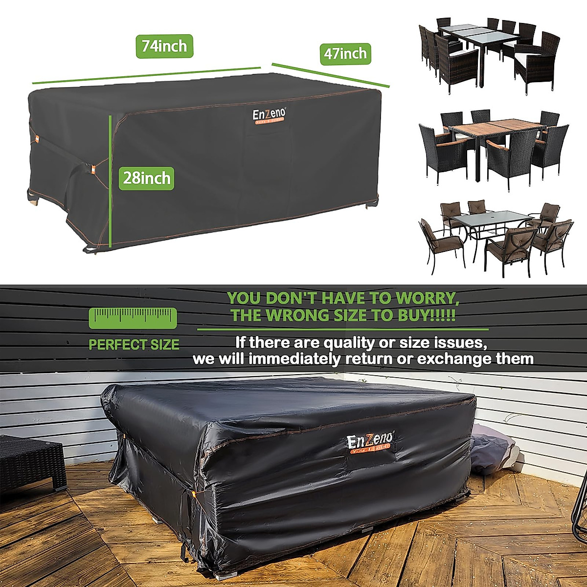 Enzeno Patio Furniture Set Cover Waterproof, Outdoor Dining Coffee Table Chair Covers Rectangular, Heavy Duty Outside Weatherproof Sectional Set Covers for Protection 74"L x 47"W x 28"H Black