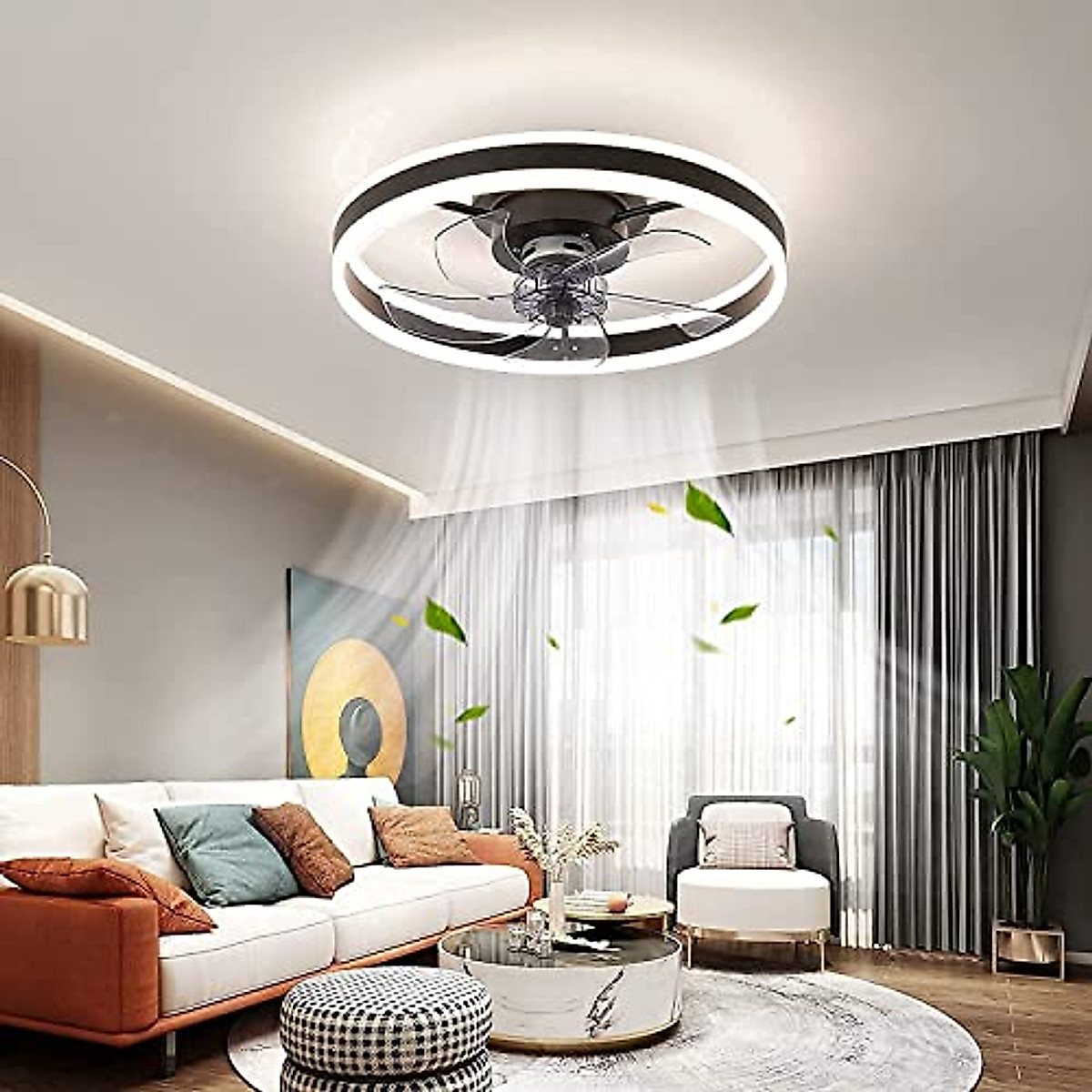 CHANFOK Low Profile Ceiling fan with Light - Modern Flush Mount Enclosed Ceiling Fan 19.7" LED Dimmable Bladeless Ceiling Fans with Remote Control,Smart 3 Light Color and 6 speeds(Black)
