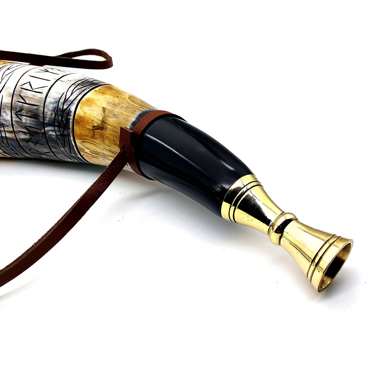 Viking War Horn Genuine Ox-Horn Battle Trumpet - Premium Hand Engraved Horn Viking Norse Cattle Ancient Horn Bugle Hunting Tool BATTLE HORN BLOWING HORN VIKING BUGLE HORN & Brass With Wooden Stand 16"