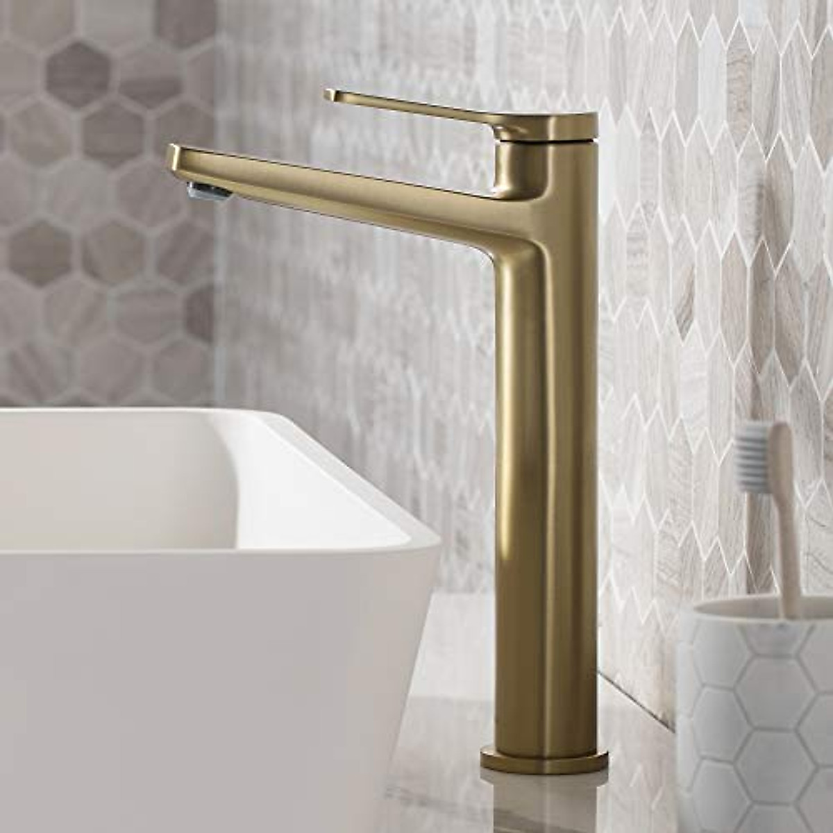 KRAUS Indy Single Handle Vessel Bathroom Faucet and Pop Up Drain in Brushed Gold, KVF-1400BG-PU-10BG
