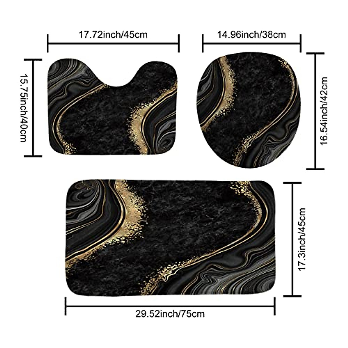 BEIFIVCL 4Pcs Luxury Marble Shower Curtain Sets, Bathroom Sets with Shower Curtain, Toilet Lid Rug, Contour Mat and Bath Mat, Shower Curtain with 12 Hooks for Bathroom Set Decor (72 x 72 Inch), Black