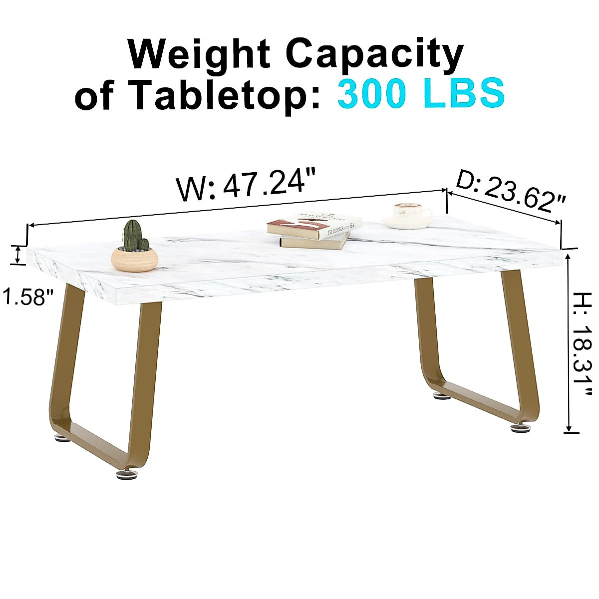 HSH White Marble Coffee Table, Modern Faux Marble Living Room Table, Wood and Metal Legs Center Table, Fashion Rectangular Tea Table for Office Minimalist Cocktail Table, White Marble and Gold, 47 in