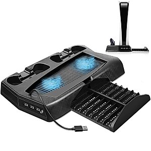 Yerliker Multi-Function Vertical Stand with Cooling Fan Compatible with PS5 Console and PS5 Digital Edition, with Game Holder Dual Controller Charger 3-Ports USB Hub and 14 Game Card Slot Organizers [video game]