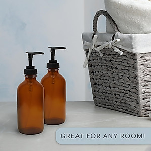 Cornucopia 8oz Glass Pump Bottles (4-Pack, Amber Brown), Lotion Soap Dispensers w/Black Plastic Pumps