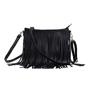 Jiaruo Fashion Retro Fringe Design Small Women PU Leather Crossbody Bag Handbag And Purses (Black)