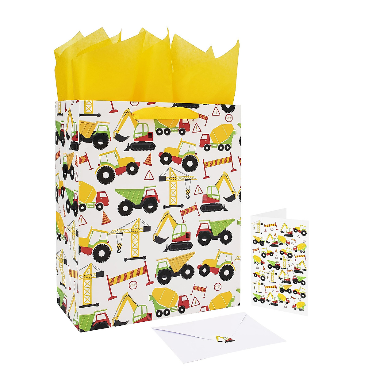 13" Large Construction Vehicle Gift Bags Set with Greeting Card and Tissue Paper (Yellow Car Design) for boys, Construction Kids Birthday Party, Baby boy, Baby Shower, Truck, Newborn -10.2”x5.2”x13”, 1 Pcs