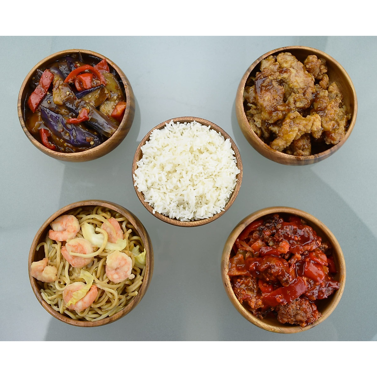 PACIFIC MERCHANTS Acaciaware Round Calabash Salad Bowls, 6-Inch by 2-inch Set of 4, Nut Bowl, Soup Bowl, Hand Turned From One Piece Of Wood, Eco-Friendly, Sustainably Harvested