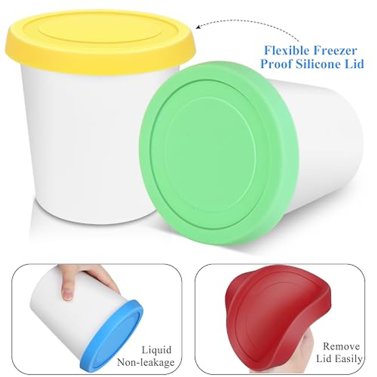 4 Pack Ice Cream Container Set (1 Quart Each) - Reusable Ice Cream Freezer Storage Tubs with Silicone Lids and an Ice Cream Scoop for Homemade Ice Cream, Sorbet and Gelato, Dishwasher Safe, BPA Free