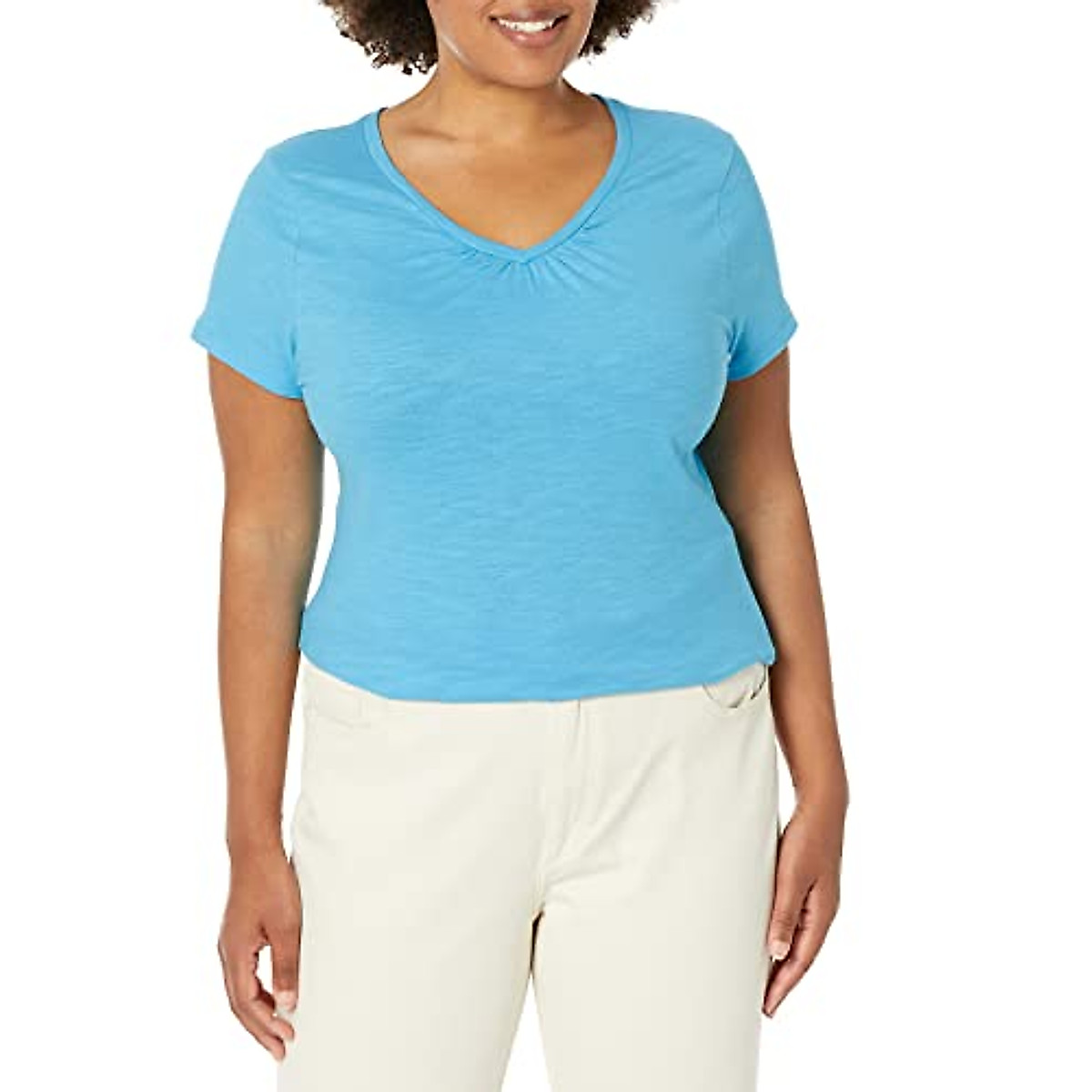 Hanes Women's Shirts, Slub Cotton Shirred V-Neck Tee, Cotton T-Shirts for Women, Women’s Tee Shirts