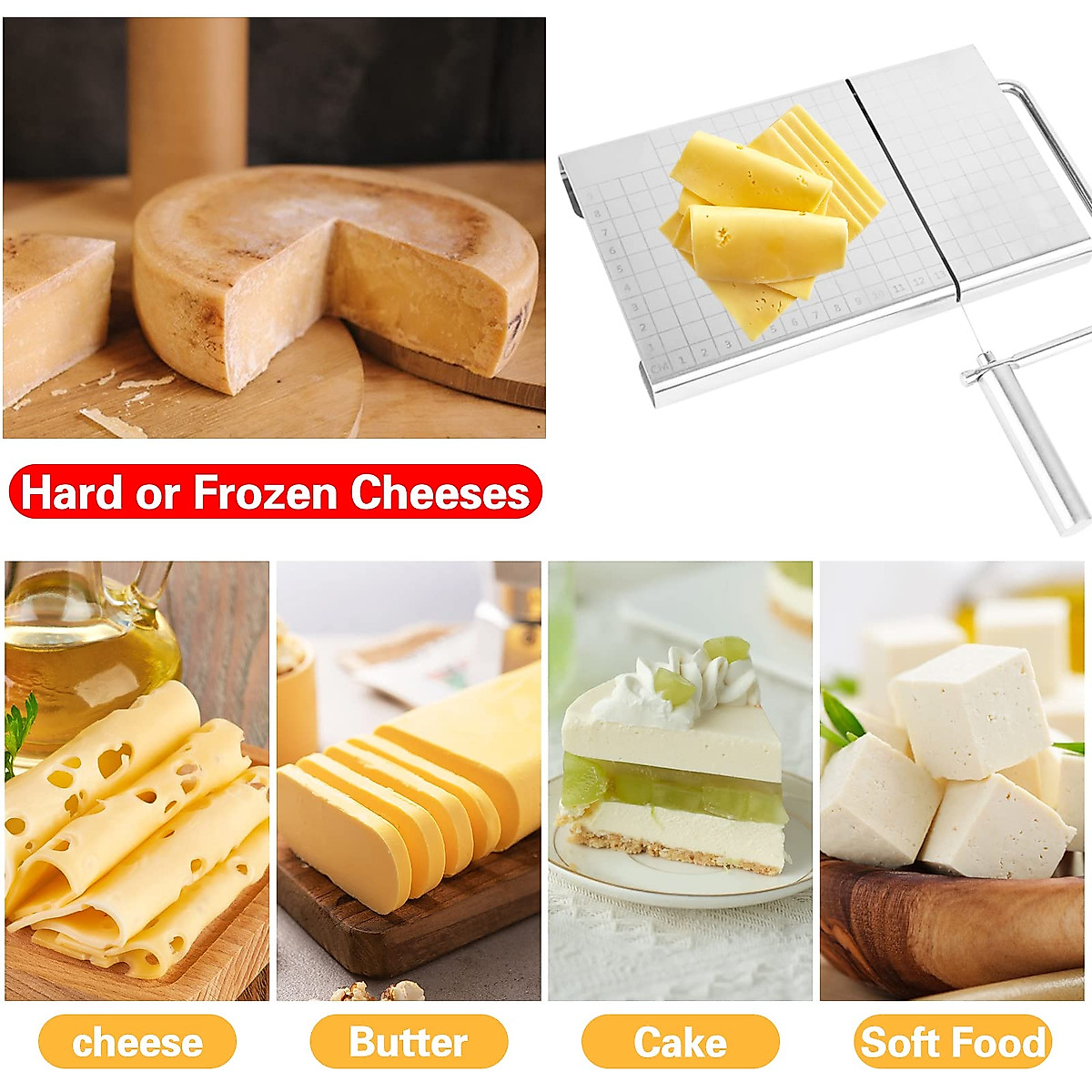 Stainless Steel Cheese Slicer with Accurate Size Scale Includes Wire Cheese Slicer, 5 Replacement Wires Cheese Cutters and 4 Mini Stainless Steel Cheese Knives Butter Knife & Fork for Cheese Butter