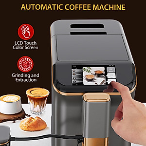 GarveeHome Espresso Maker with Automatic Milk Frother One Touch Control, Coffee Maker Built-in Grinder, 15 Brewing Options, Super Automatic Convenience, 1350W, Gold Gray